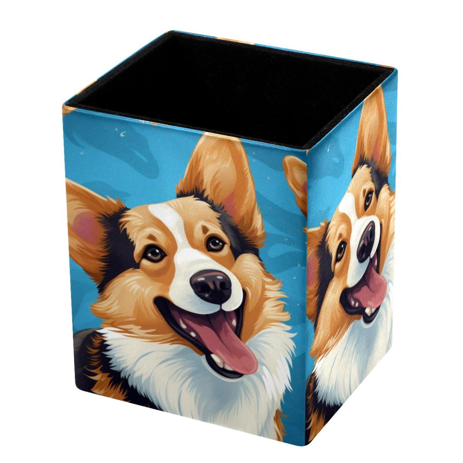 Corgi Printed Square PVC Leather Pencil Organizer Pen Holder Brush ...