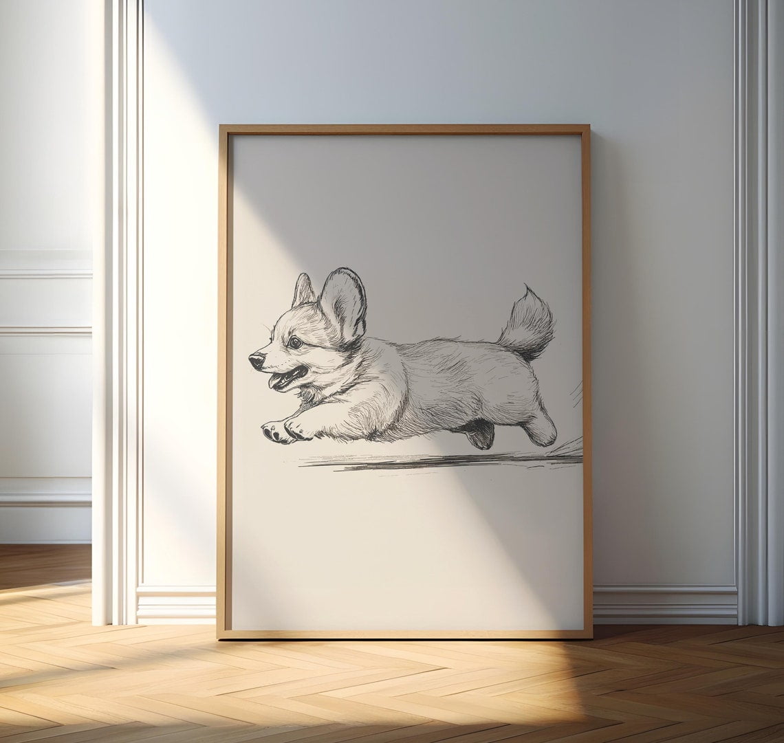 Corgi Puppy Sketch Art, Dog Wall Decor, Antique Vintage Painting ...