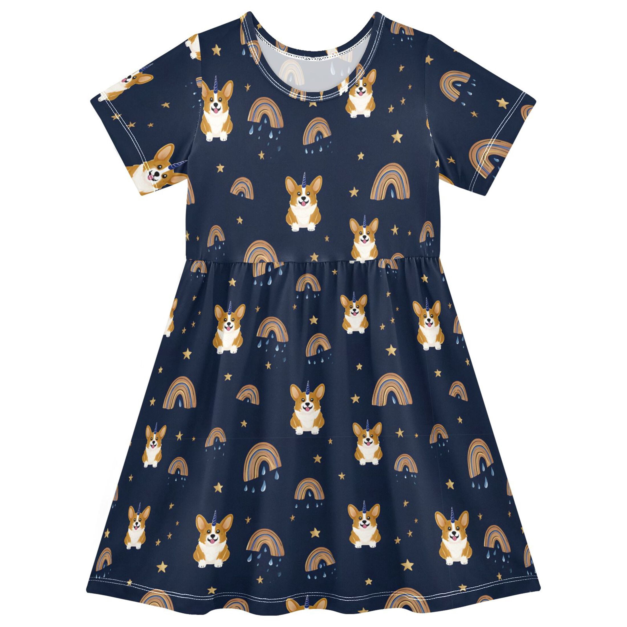 Corgi Rainbow Short Sleeve Dress A-Line Cute Midi Casual Sundress 2-8 ...