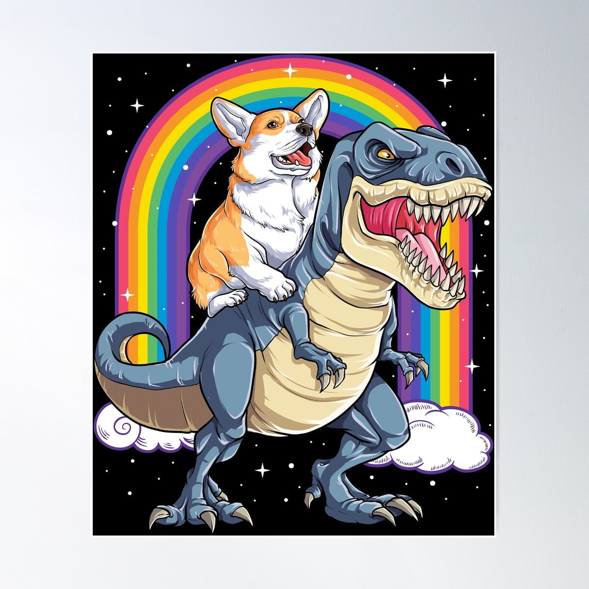 Corgi Riding Dinosaur T Rex Shirt Funny Rainbow Dog Poster Wall Art ...