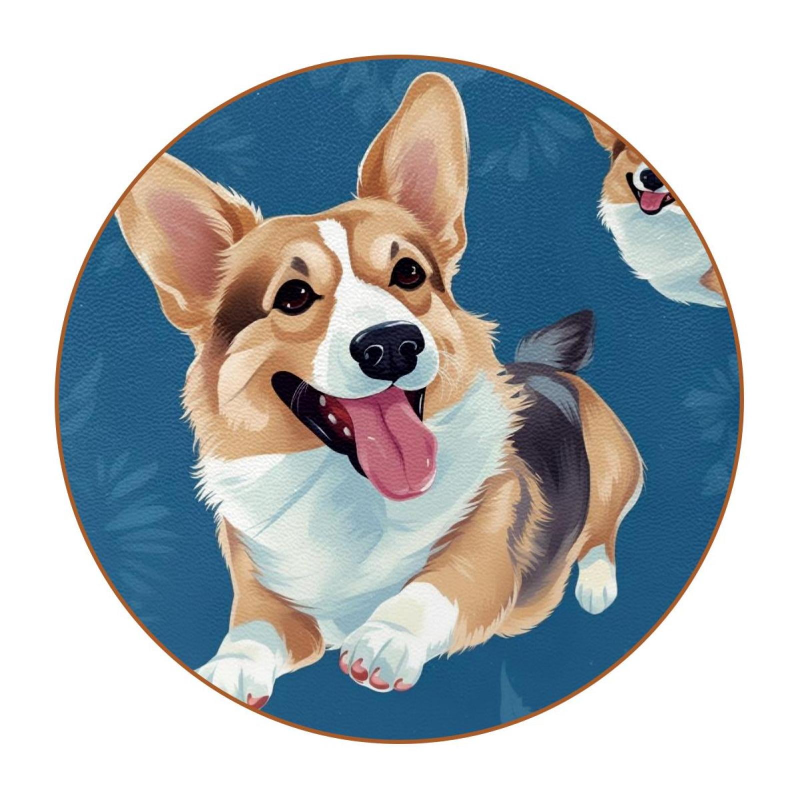 Corgi Set of 6 Round Microfiber Leather Coasters, 11x11 cm/4.3x4.3 in ...