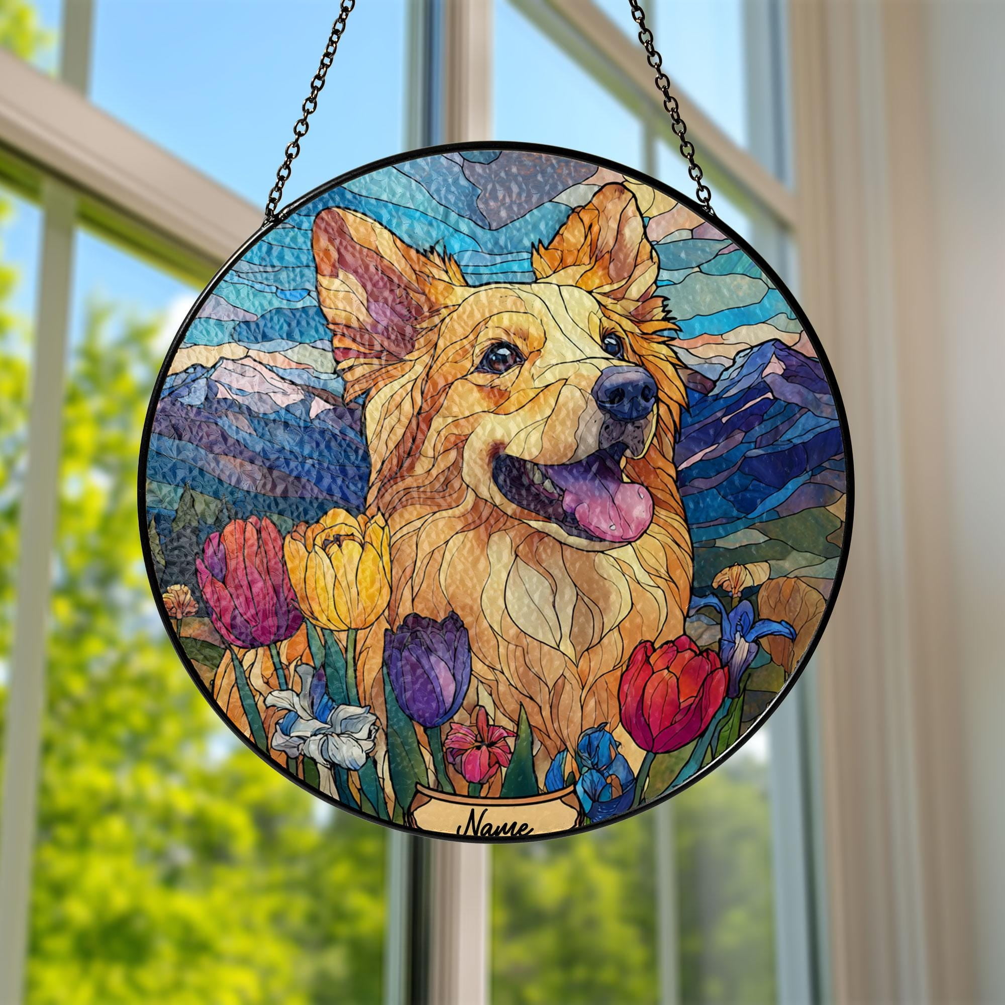 Corgi Stained Glass Suncatcher: Dog Memorial Gift, Colorful Window Art ...