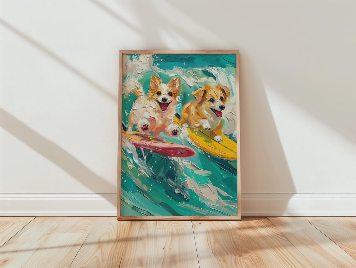 Corgi Surfing Impasto Art Poster Turquoise Yellow Ocean Dog Decor ...