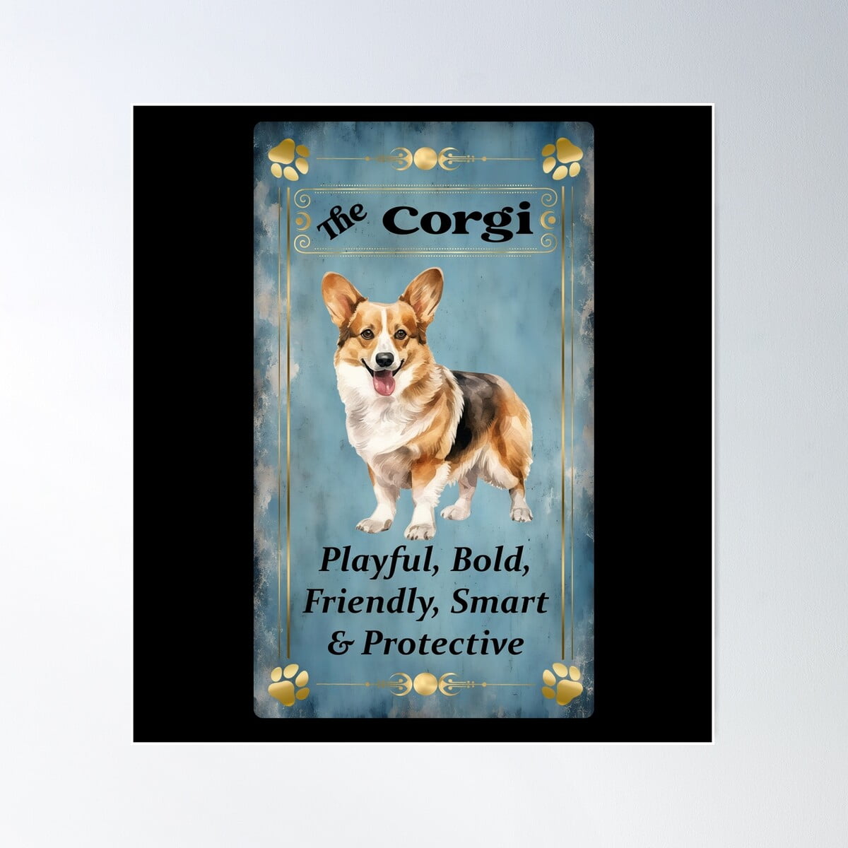 Corgi Tarot Card Blue Background Poster Wall Art, Modern Wall Decor For ...