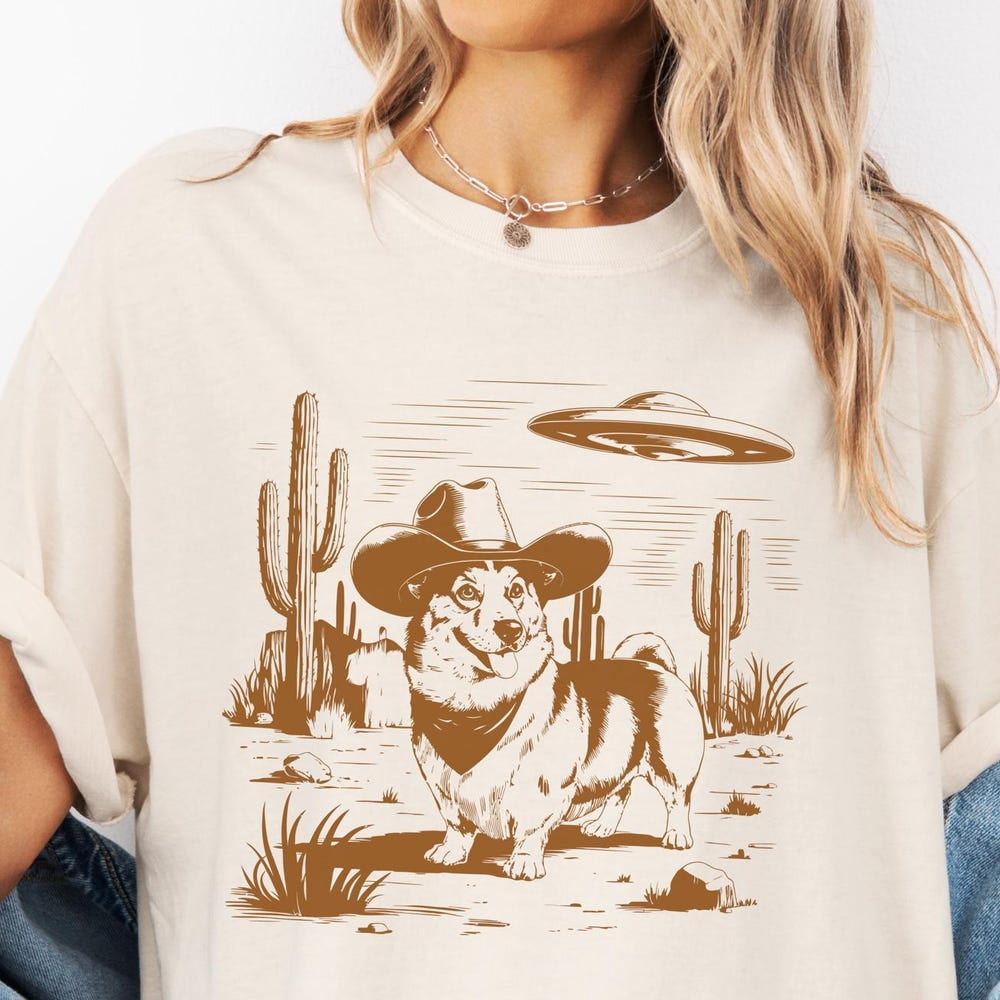 Corgi Western UFO Shirt, Funny Alien Cowboy Tee, Retro Vintage Dog ...