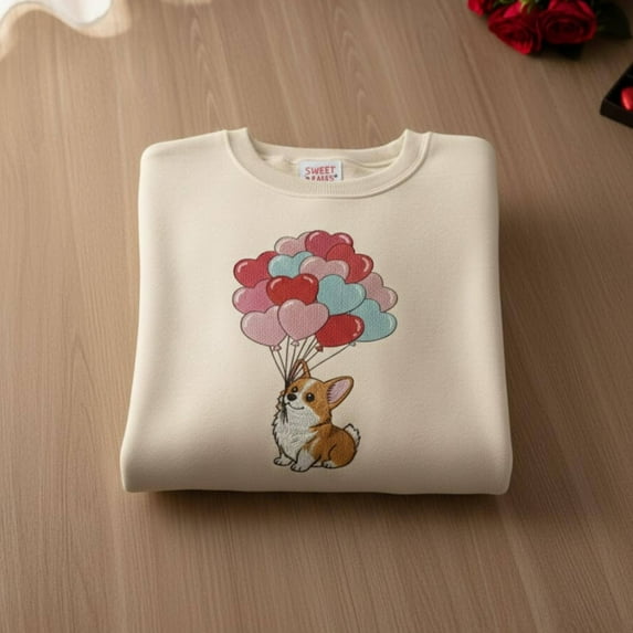 Corgi With Heart Balloons Embroidered Sweatshirt, Cute Puppy Valentine ...