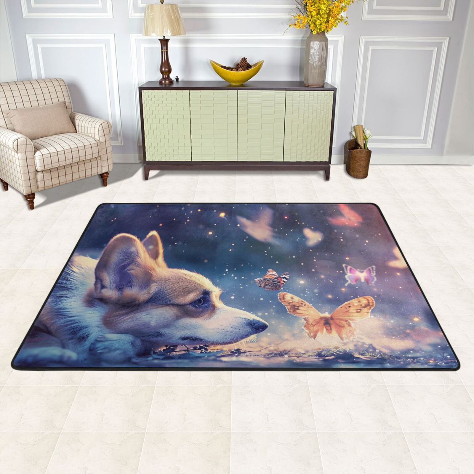 Corgi and Butterflies Dog Area Rug Washable 72 x 48 Floor Carpet Mat ...