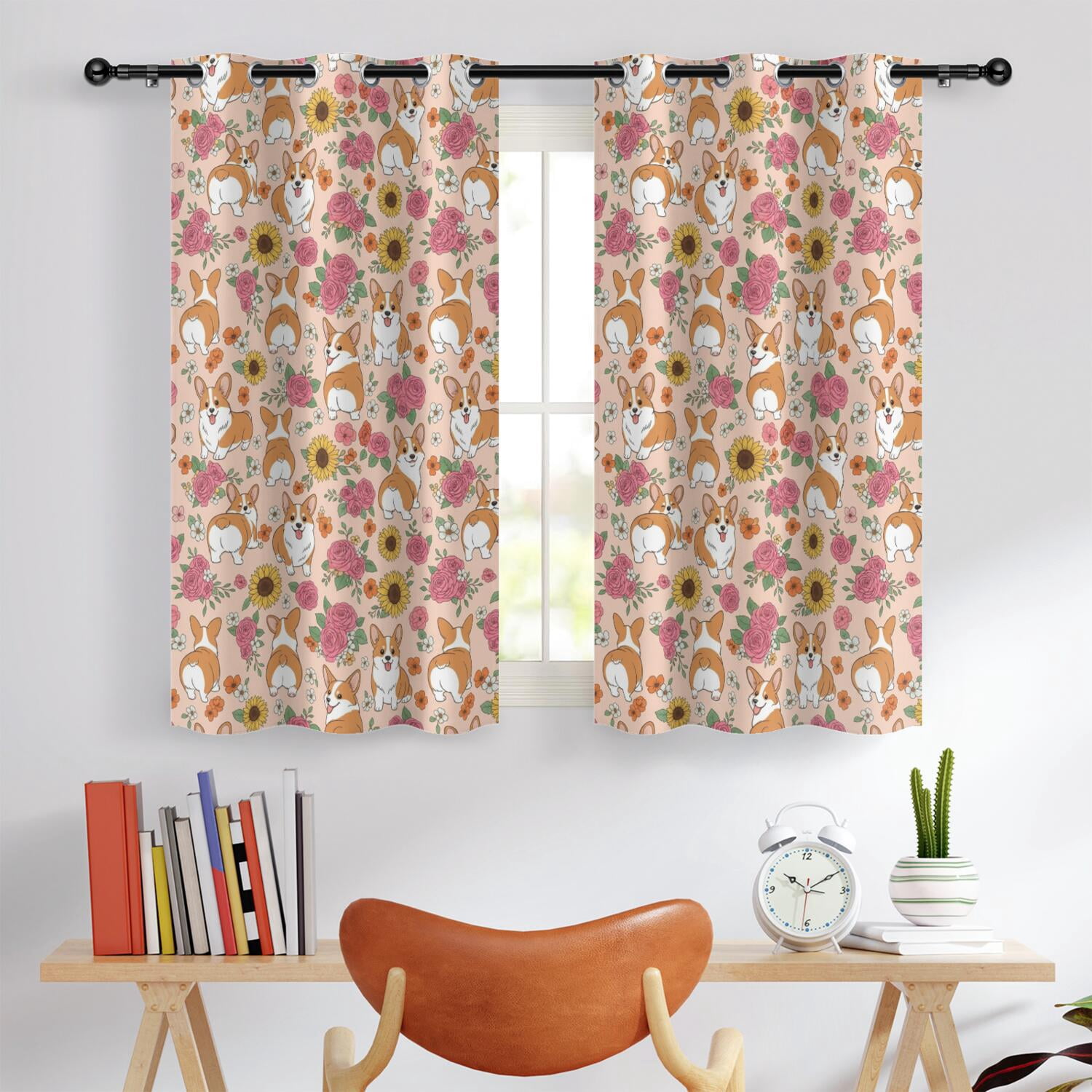 Corgi and Sunflower Pink Pattern Blackout Curtains,Triple Weaved Fabric ...