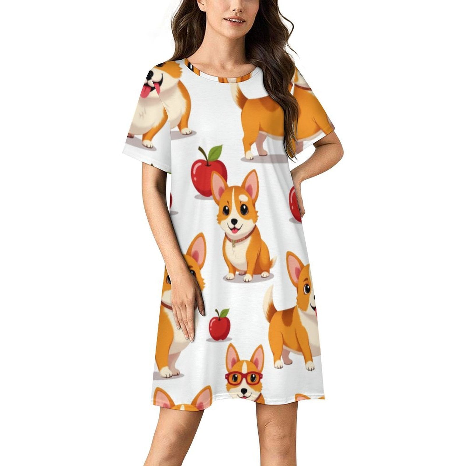 Corgis Apples Happy Patterned Design Women Nightgown Sleepwear Short ...