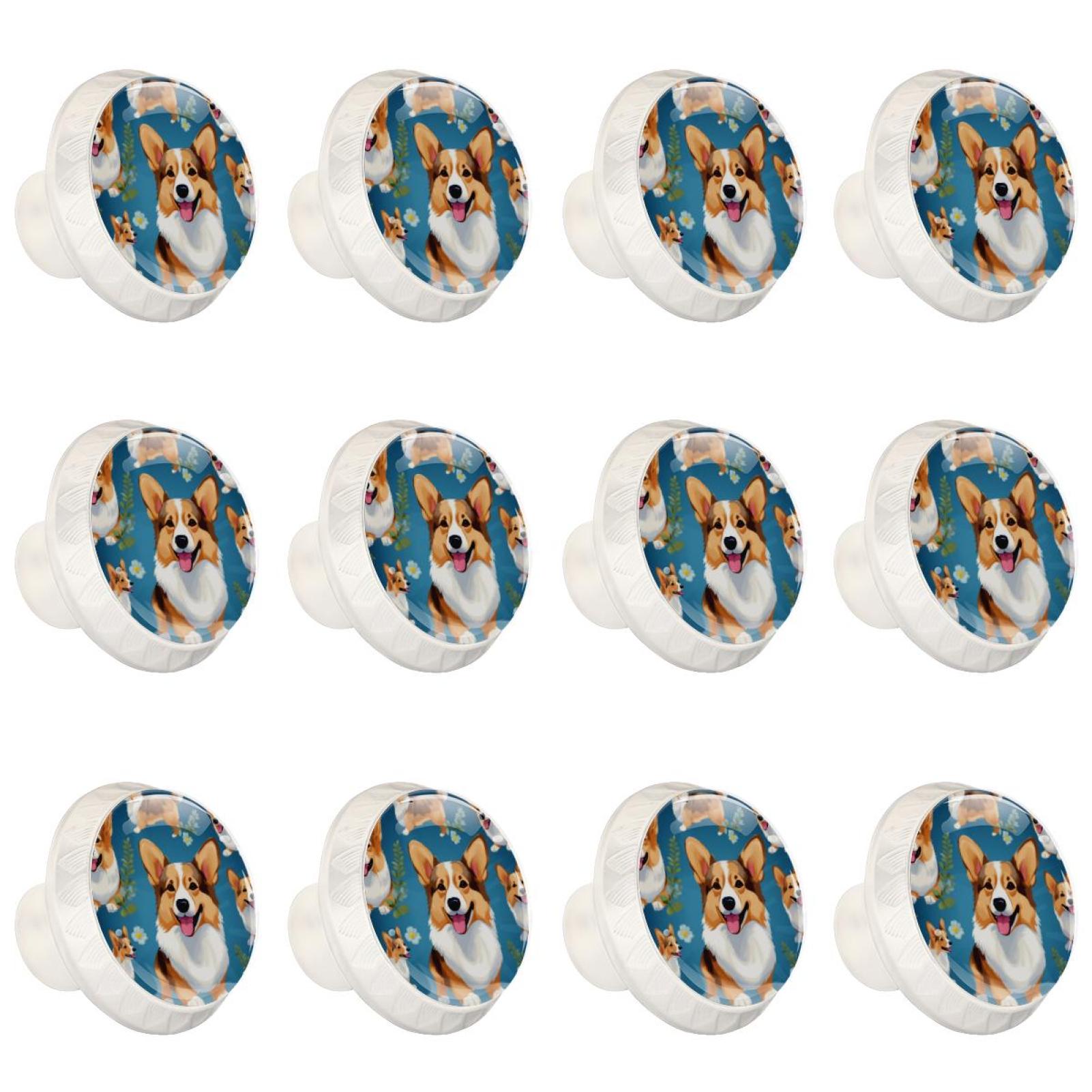 Corgis Pet Animals 12 Pcs White Round Drawer Pulls with Screws,ABS and Glass Cabinet Handles for ...