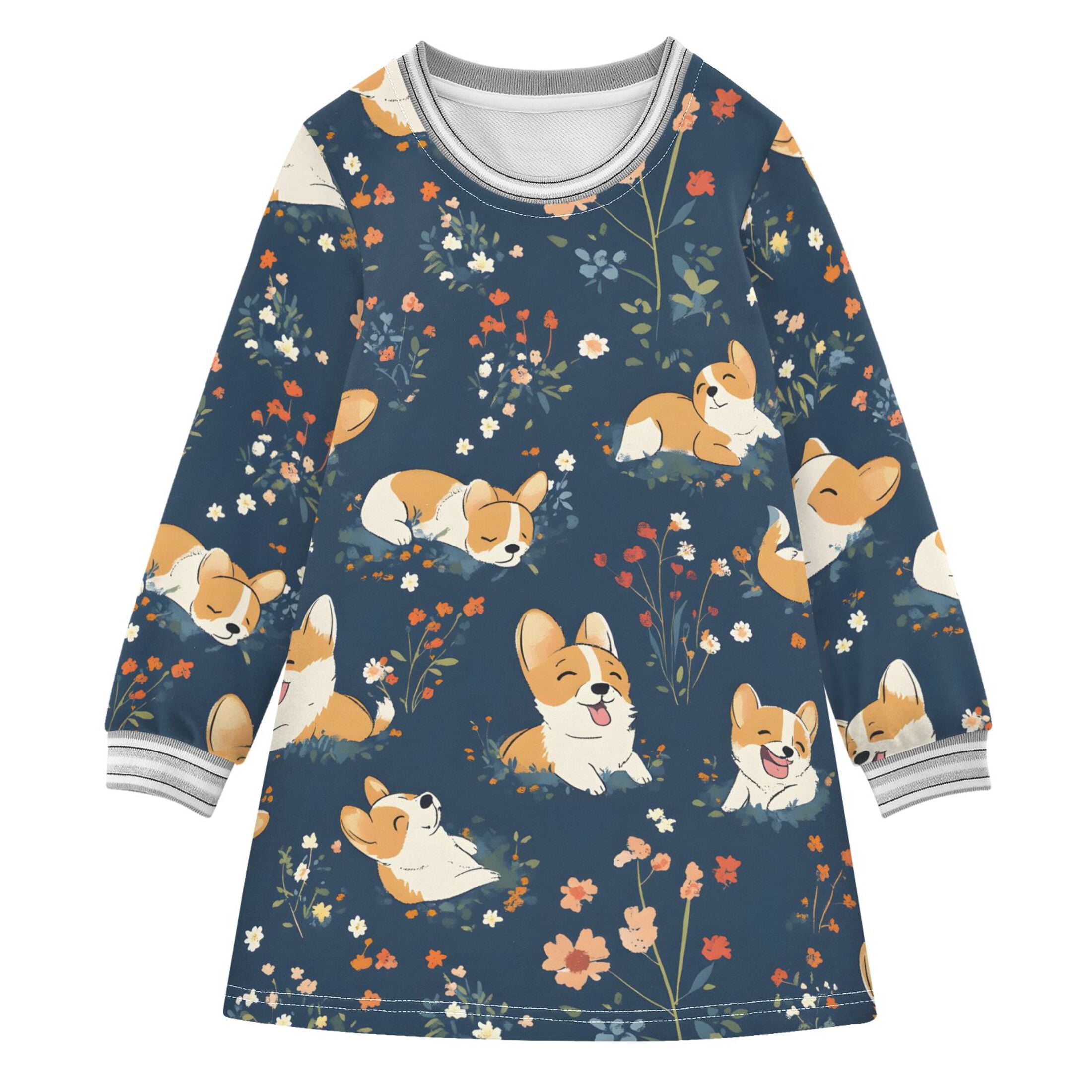 Corgis Poses Flower Pattern Girls'long-sleeved dress Thickened A-dress ...