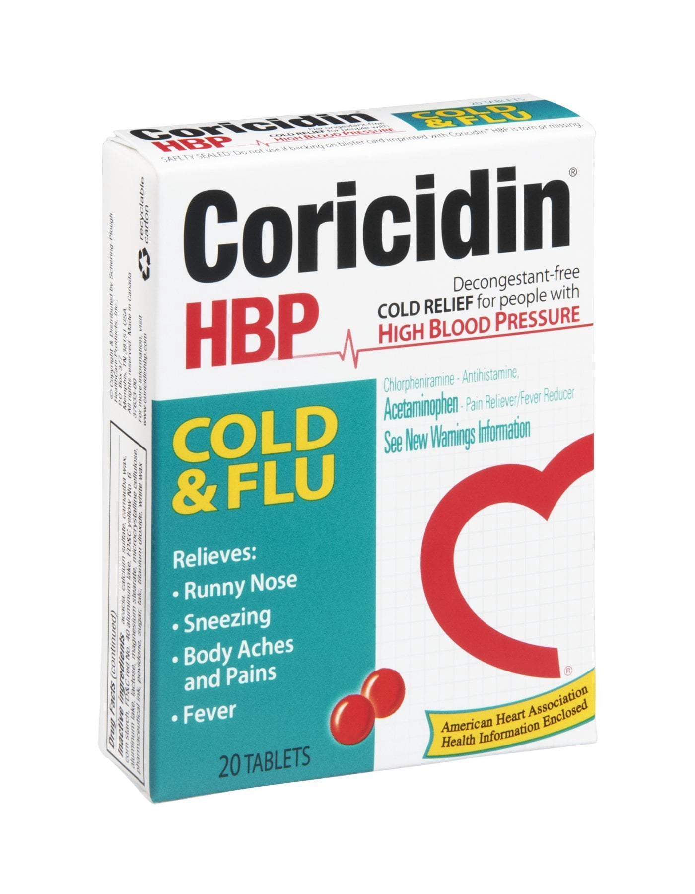 Coricidin HBP Cold & Flu Relief Tablets 20CT Pack of 12 - Walmart.com
