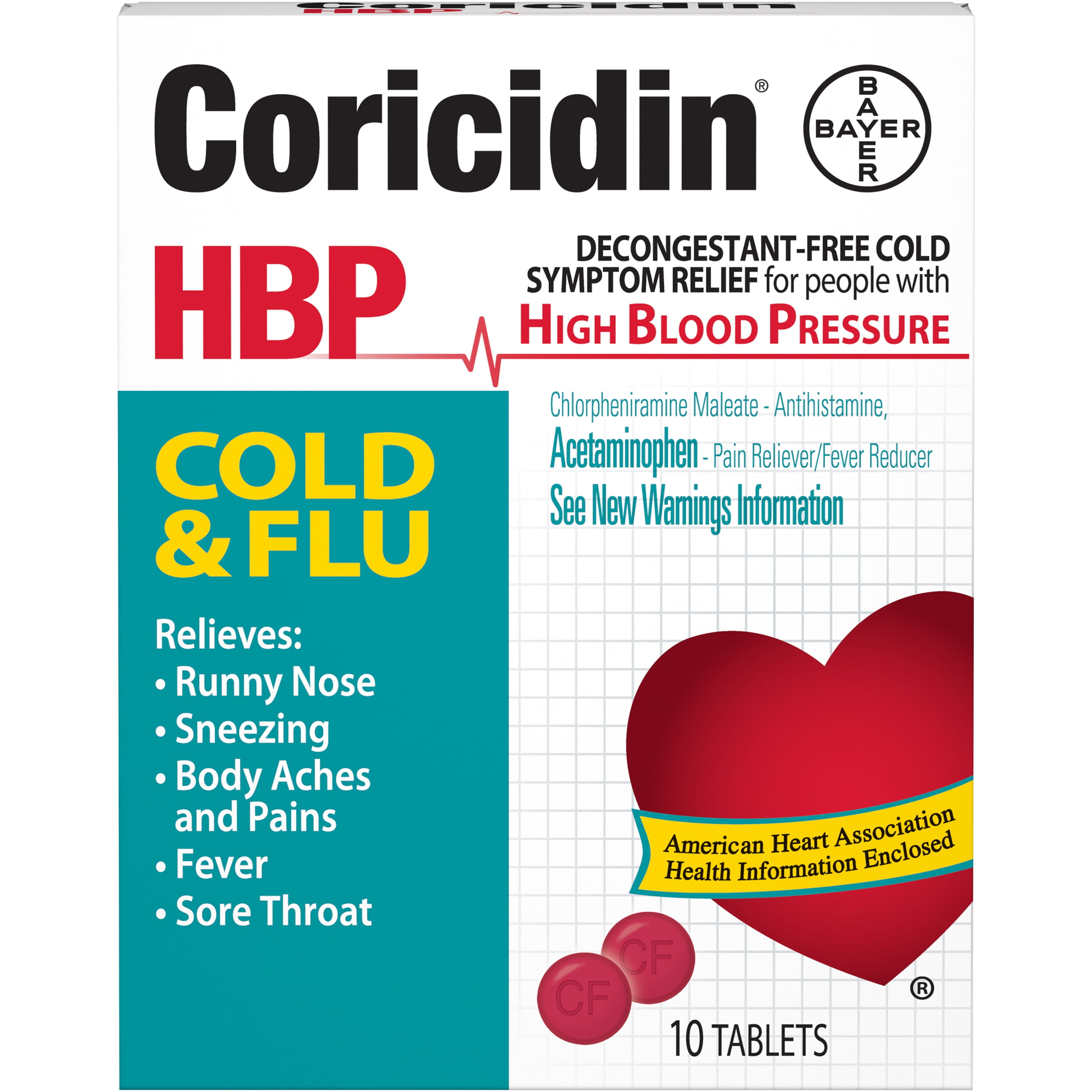 Coricidin HBP, Cold & Flu Relief Tablets, High Blood Pressure, 10 Count ...