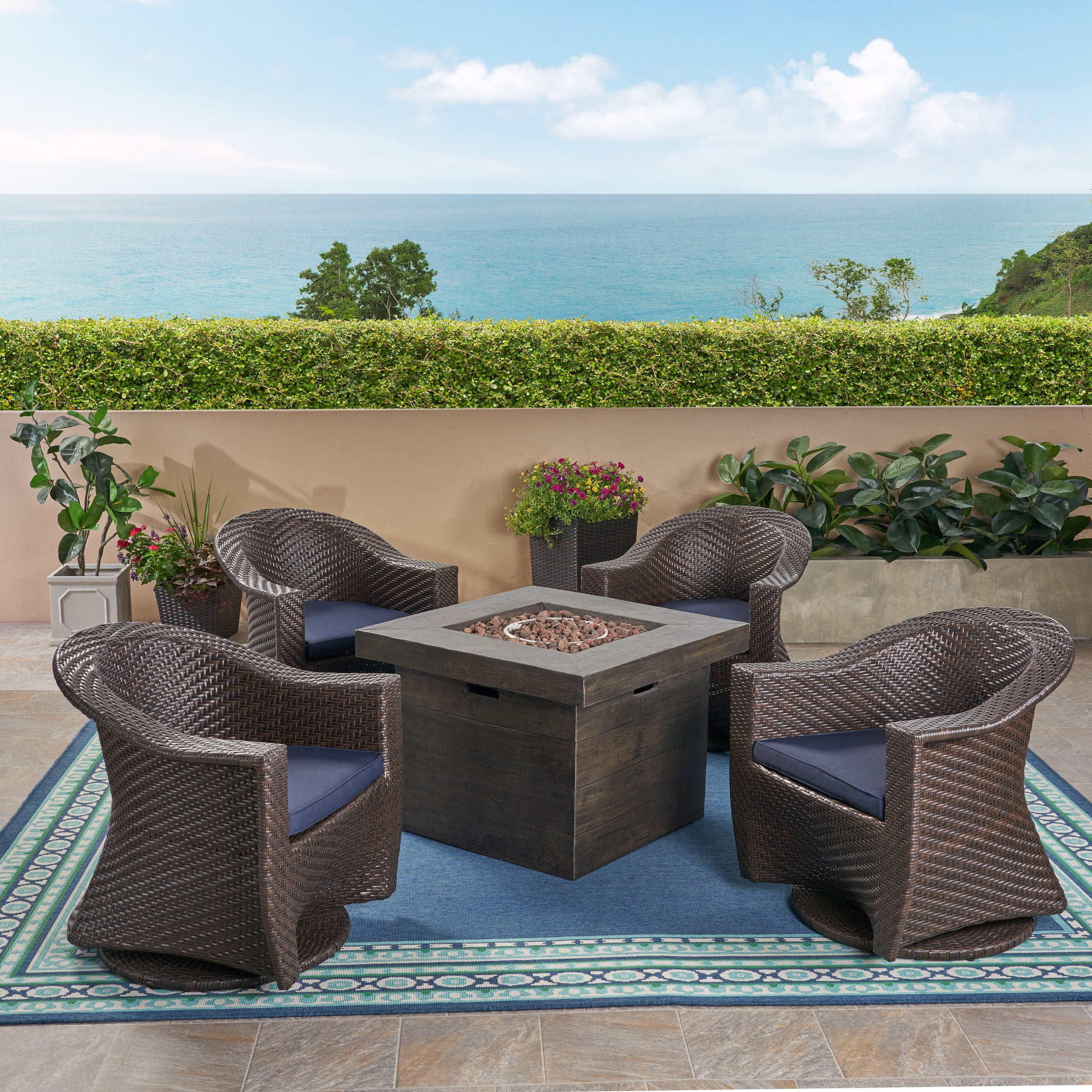 Corinne Outdoor 5 Piece Swivel Wicker Chat Set with Cushions and Fire ...