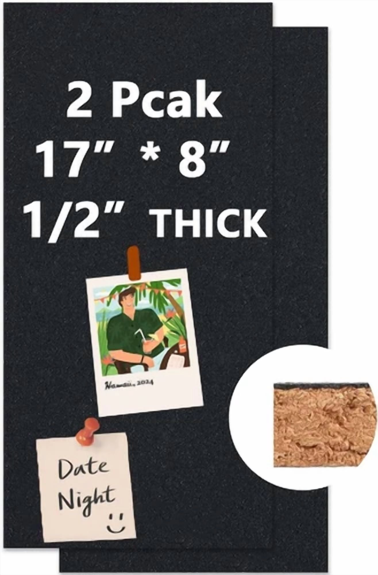 Cork Board 17"X 8" Self-Adhesive Black Cork Board, 1/2" Thick Cork ...