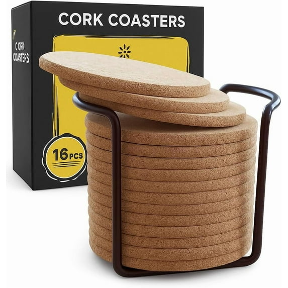 Cork Coasters for Drinks with Metal Holder - 16 Pcs Round 4 inch Drink ...