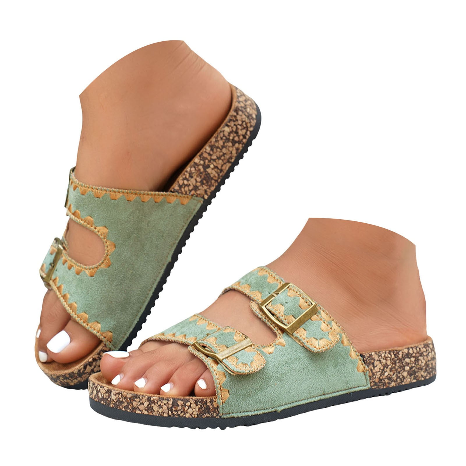 Cork Footbed Beach Slides Sandals for Women 2025 Casual Buckle Wide ...