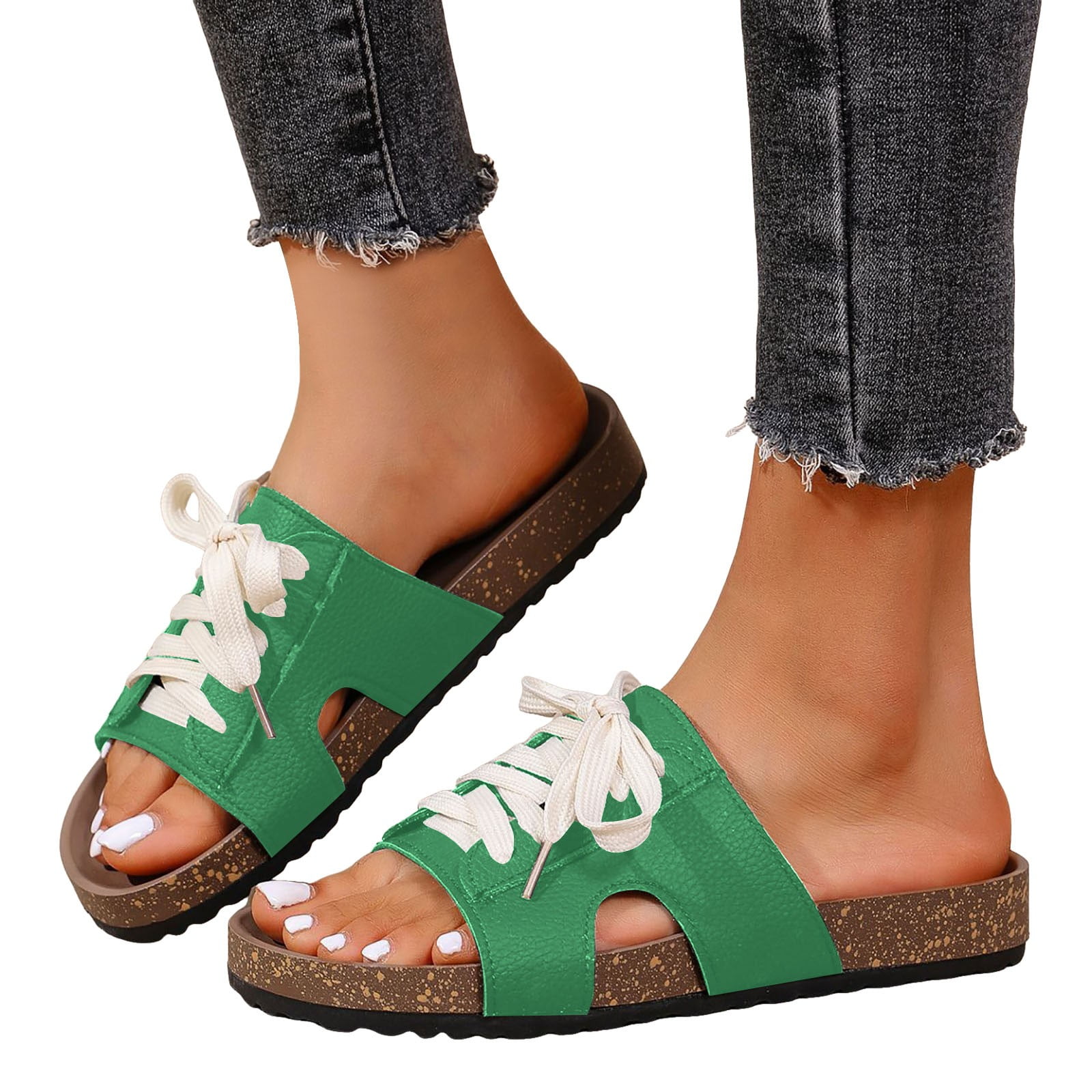 Cork Footbed Slippers Sandals for Women 2025 Fashion Casual Lace up ...