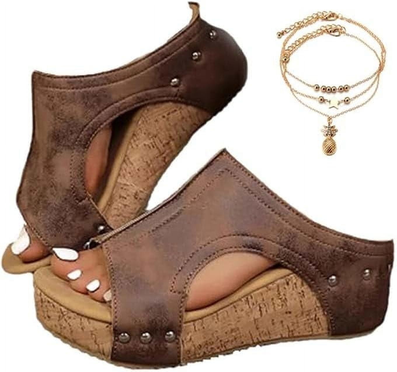 Cork Wedges & Platform Slides, Women's Thick Sole Comfy Artificial ...