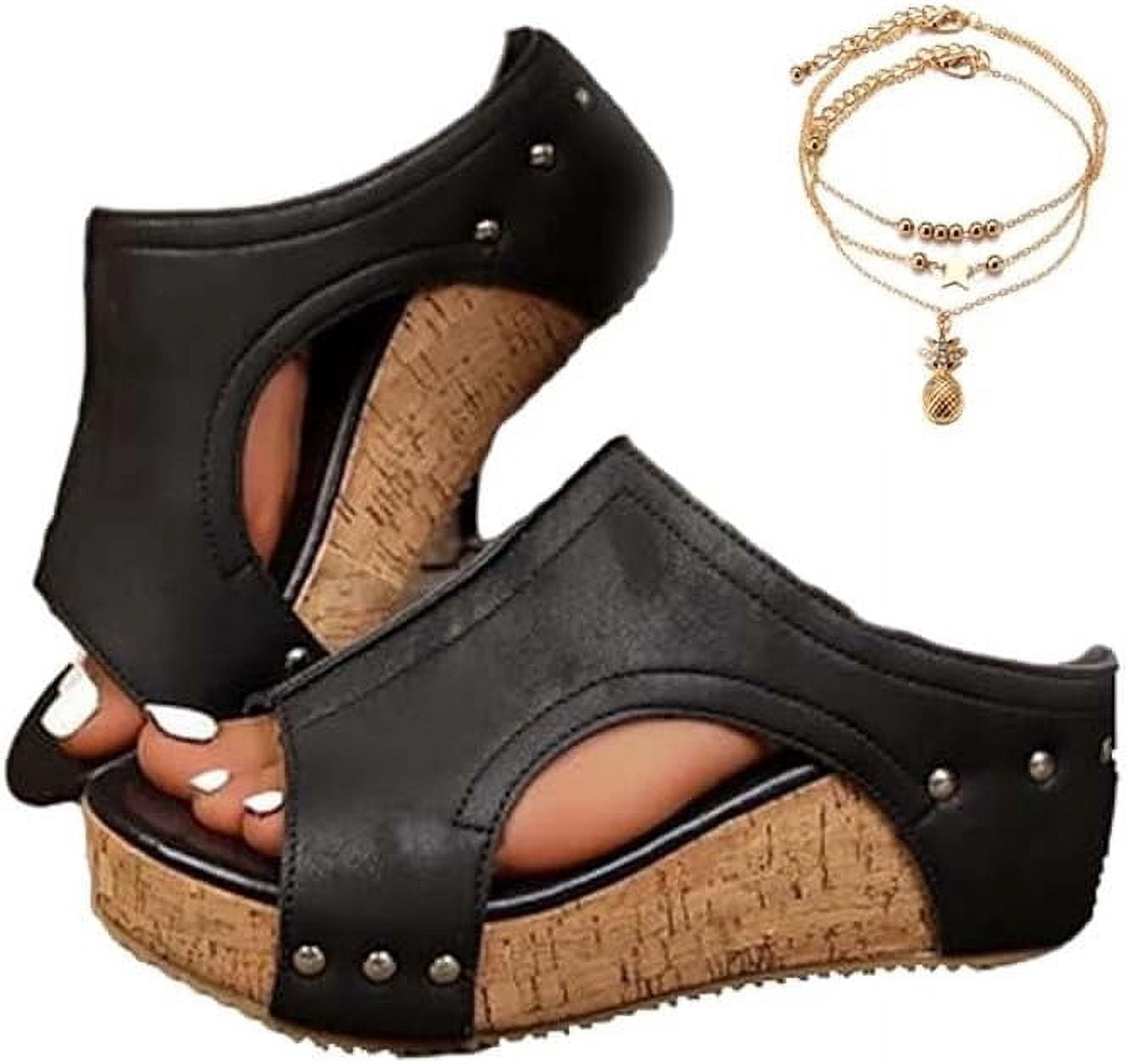 Cork Wedges & Platform Slides, Women's Thick Sole Comfy Artificial ...