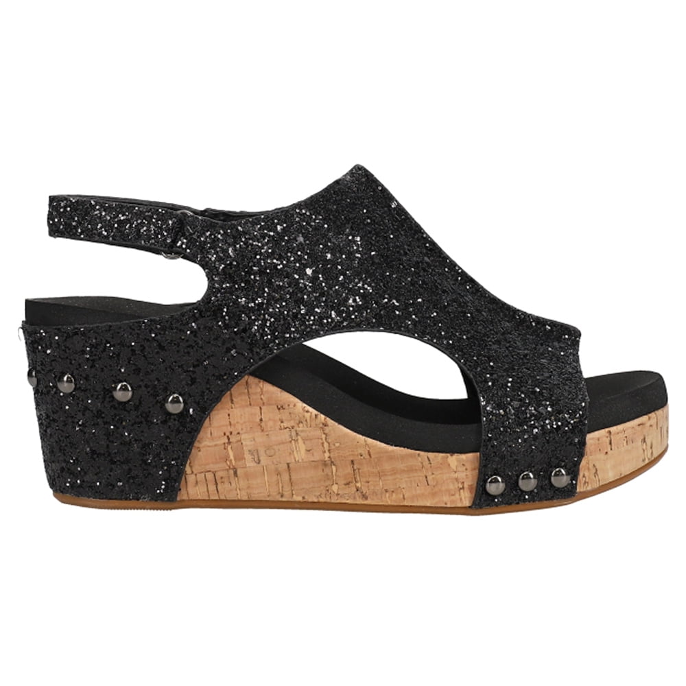 Corkys Women's Carley Black Glitter Leather Wedge Heel Casual Sandals ...
