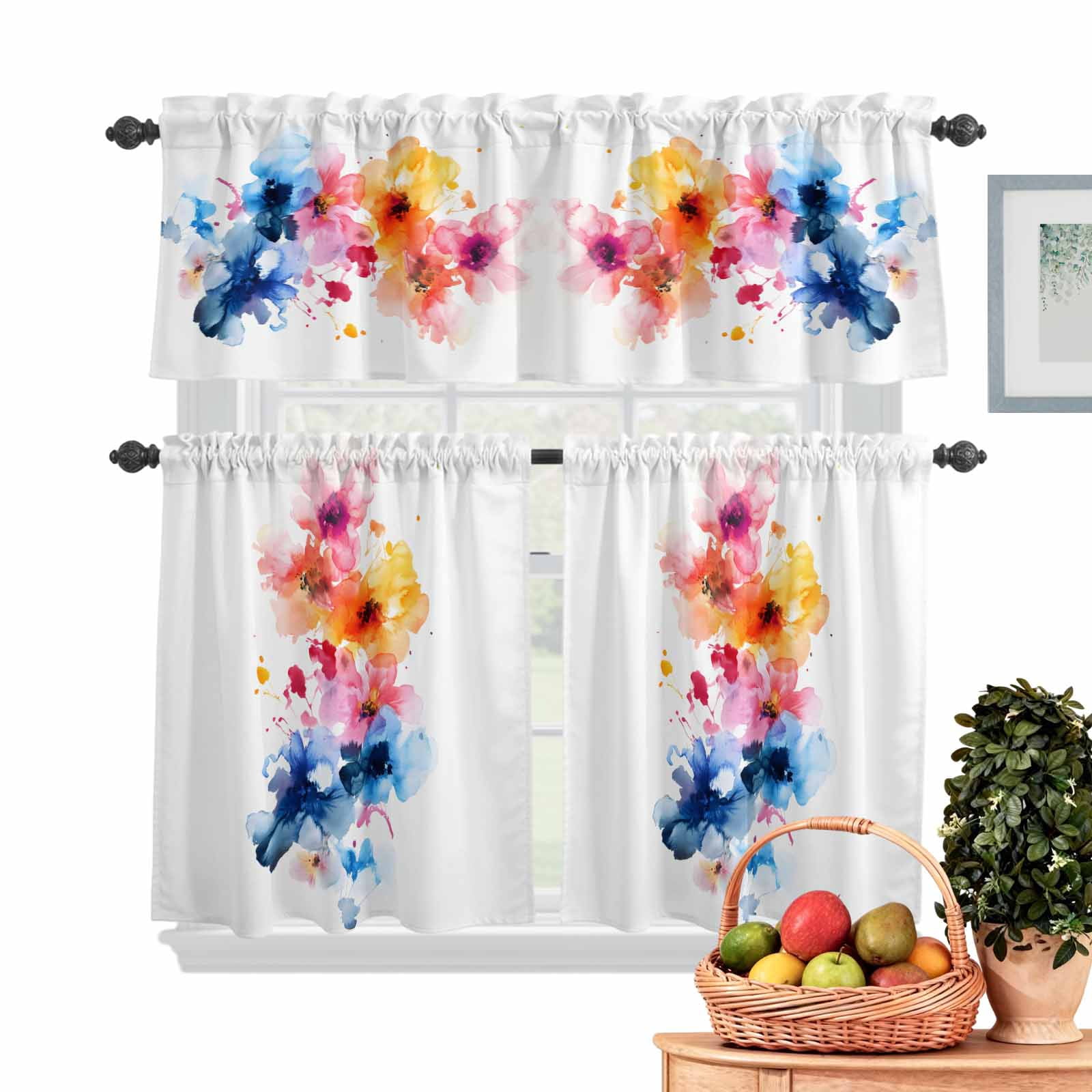 Corlorful Floral Kitchen Curtains Valances 3 Piece Set, Fantasy Classic ...