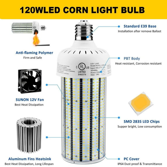 Corn Cob LED Light 120W 15137LM 5000K Large E39 Base Retrofit High Bay ...