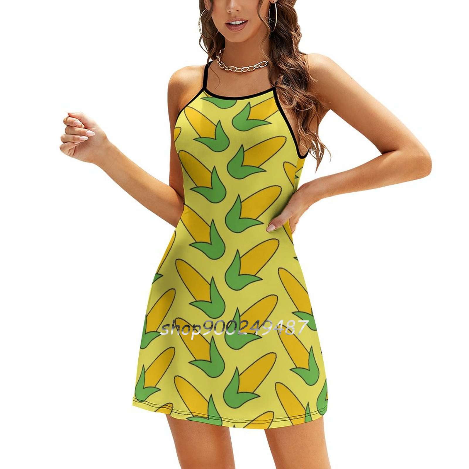 Corn Curtains Square Neck Dress Sweet Summer Dress Women Elegant Halter ...