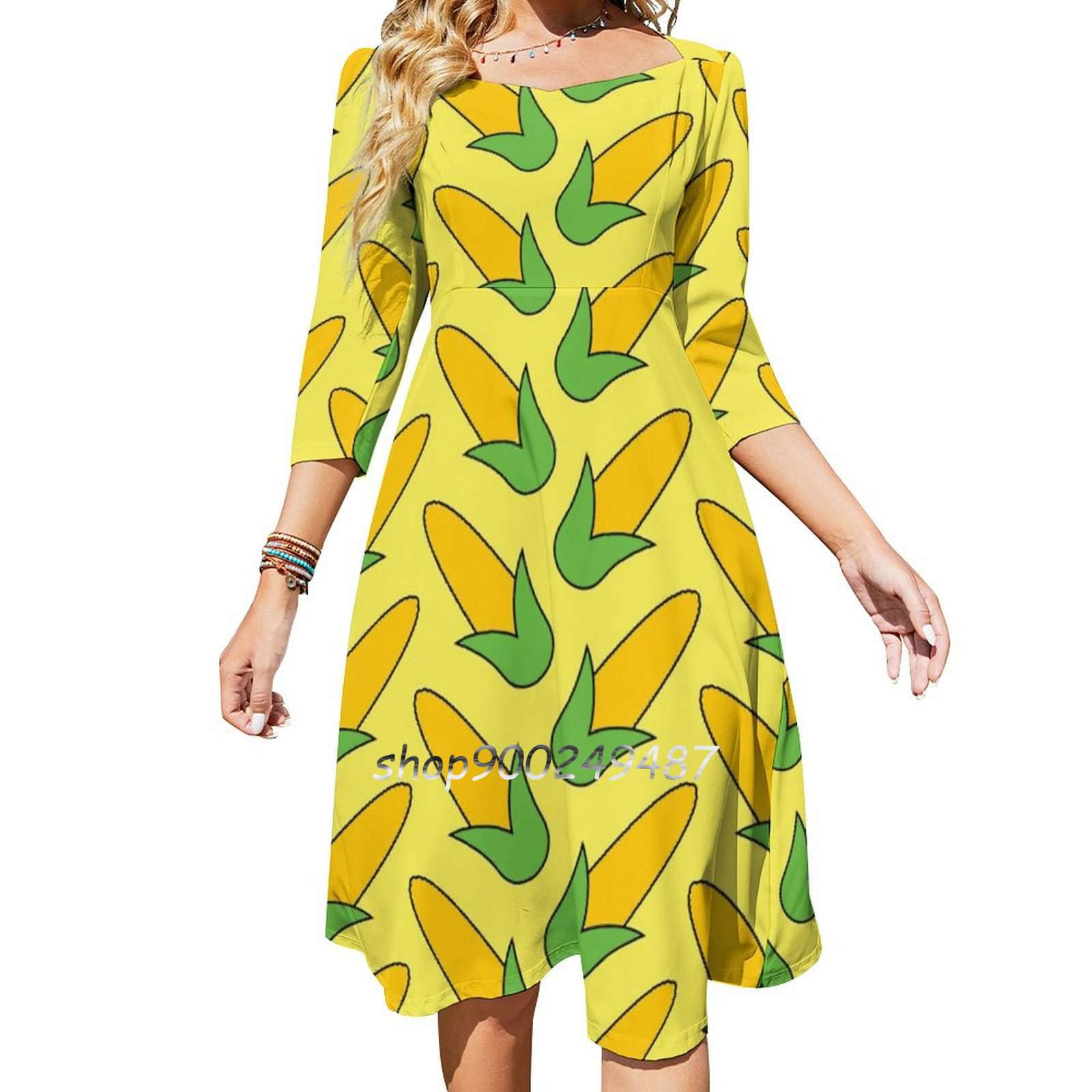 Corn Curtains Square Neck Dress Sweet Summer Dress Women Elegant Halter ...