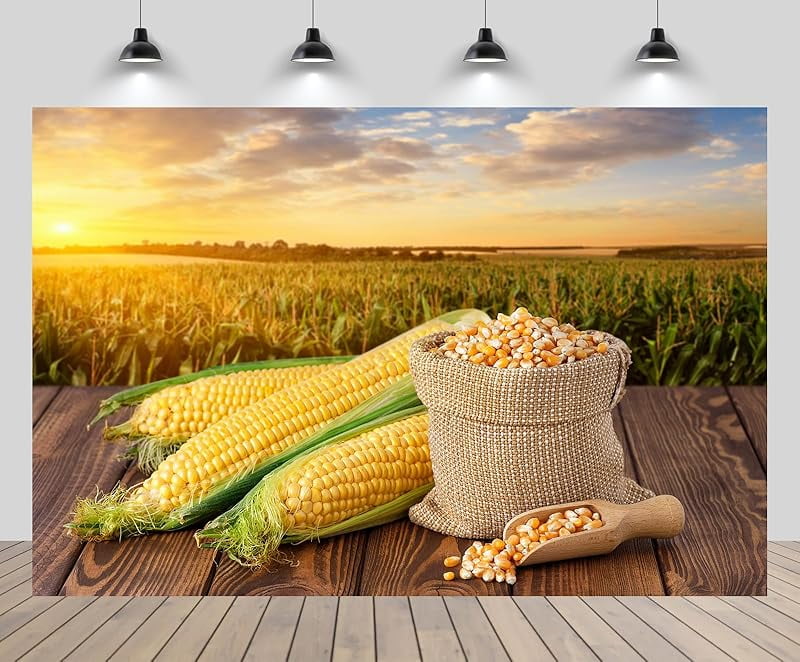 Corn Field Backdrop Fresh Corn Cobs and Dry Seeds in Bag on Wooden Table with Green Maize Field ...