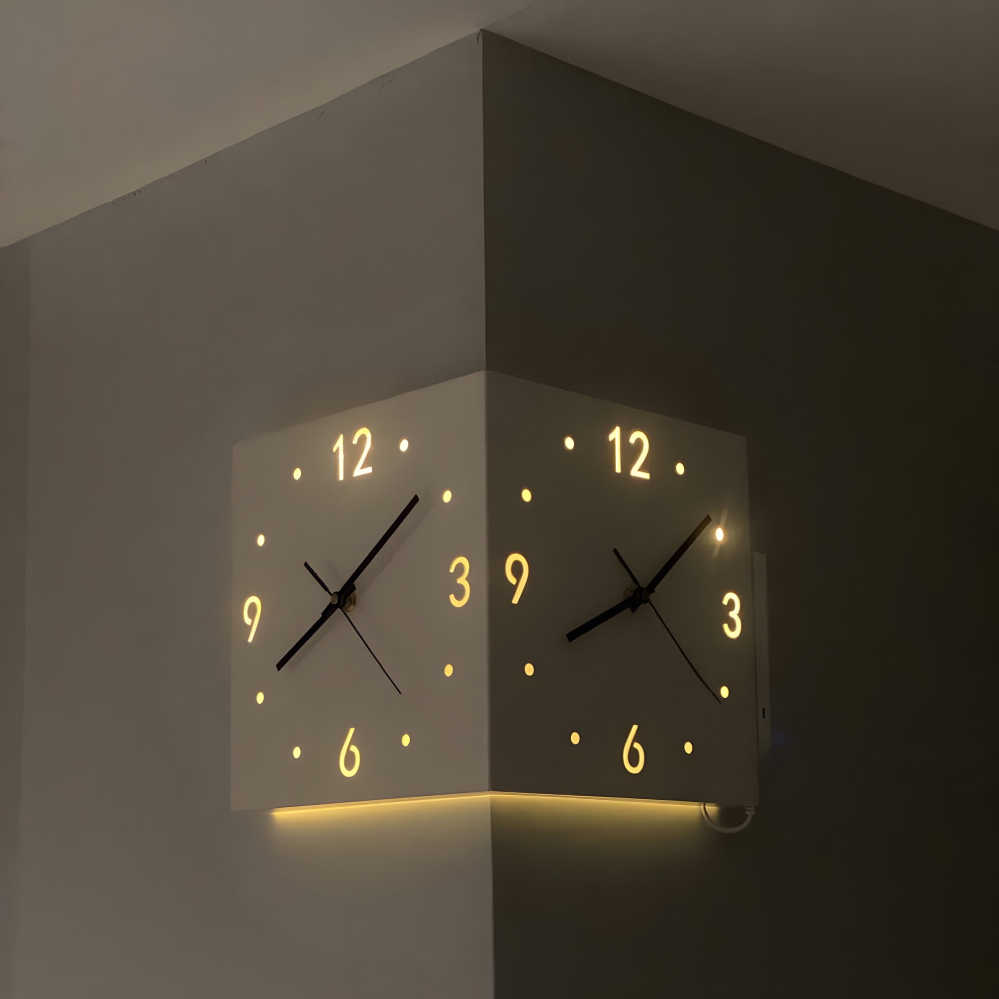 Corne Wall Clock Double Sided, Sensor Luminous Corner Wall Clock with ...