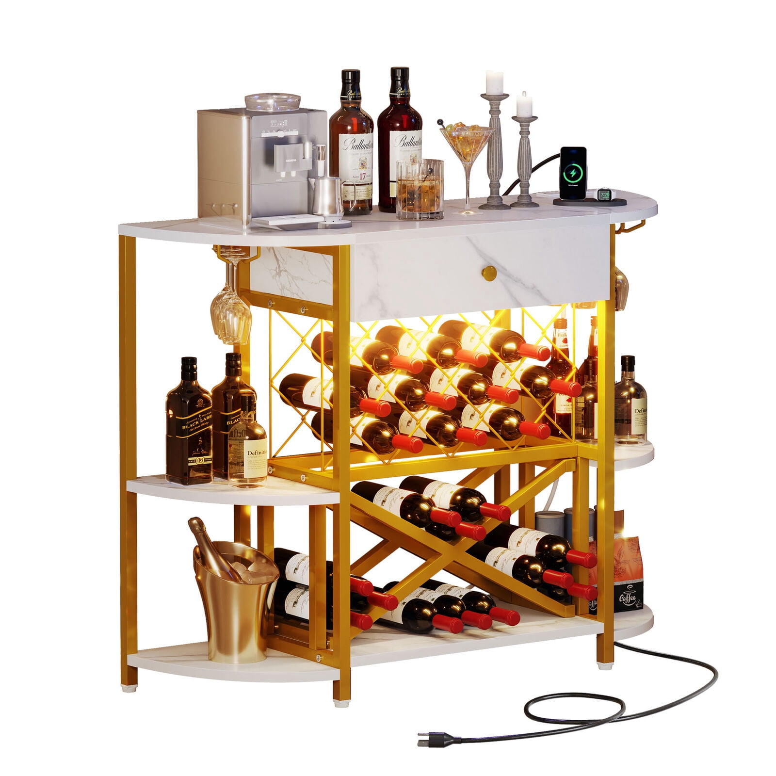 Corner 3-Tier Wine Bar Cabinet with LED Lights and Power Outlets Mini ...