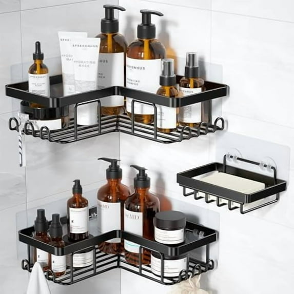 Corner Adhesive Shower Caddy, with Soap Holder and 12 Hooks, Rustproof ...