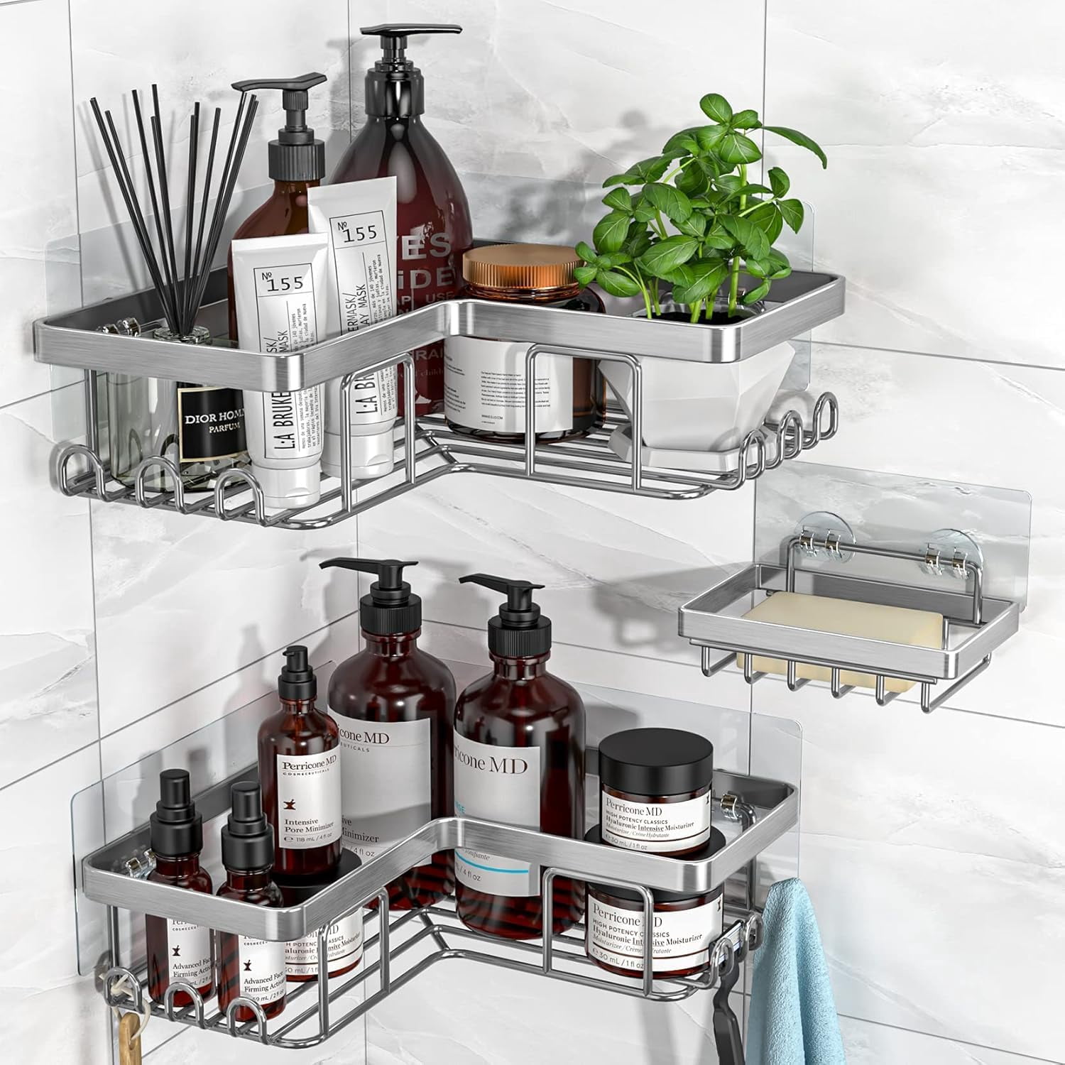 Corner Adhesive Shower Caddy, with Soap Holder and 12 Hooks, Rustproof ...