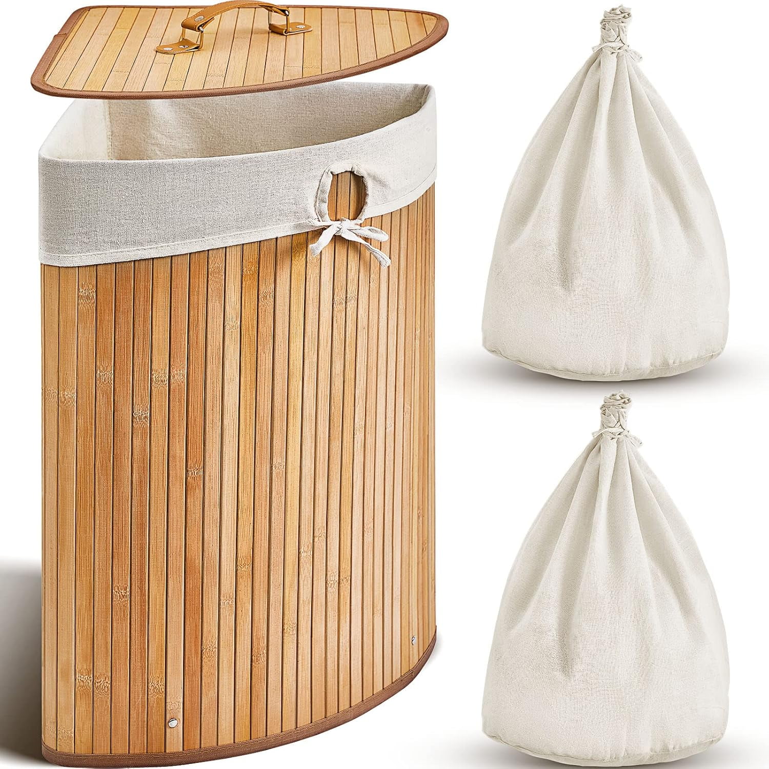 Corner Bamboo Laundry Hamper with Lid and Removable Liner Corner Bamboo ...