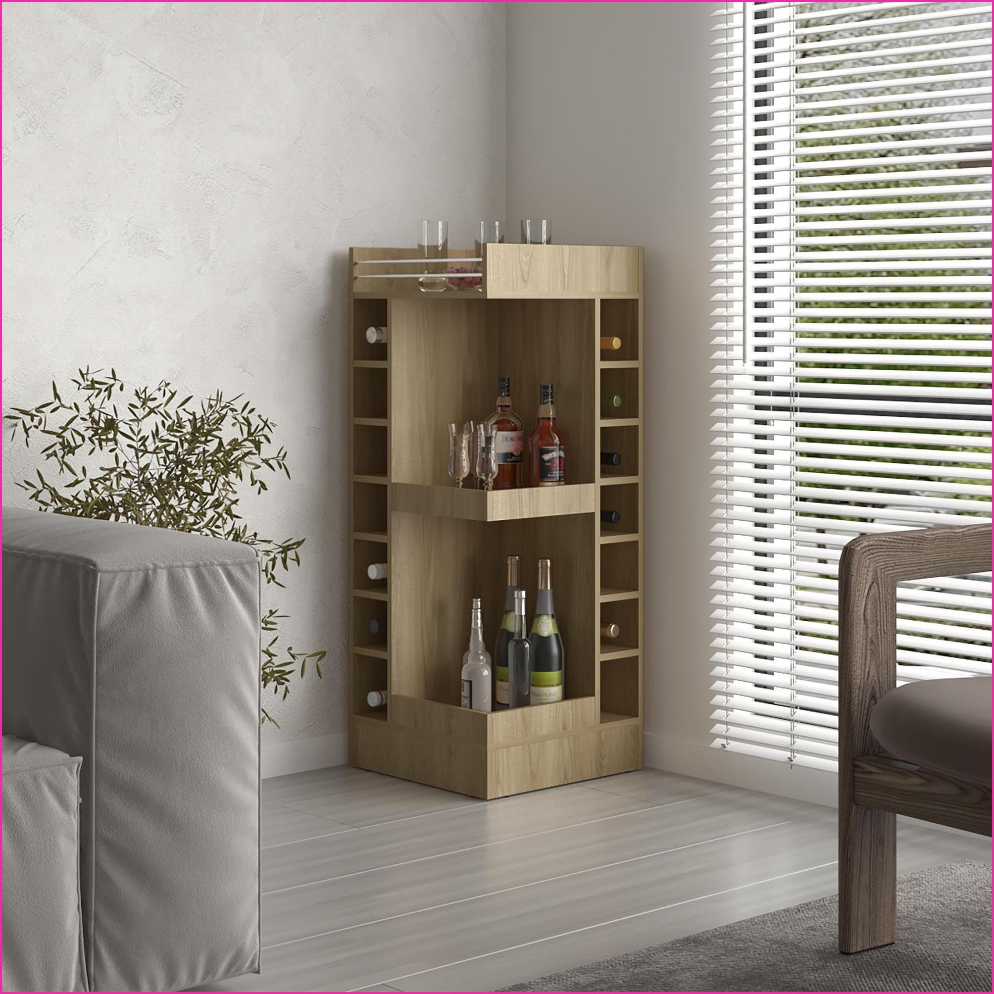 Corner Bar Cabinet 46'' Tall 3-Tier with 14 Wine Bottle Cubbies Light ...