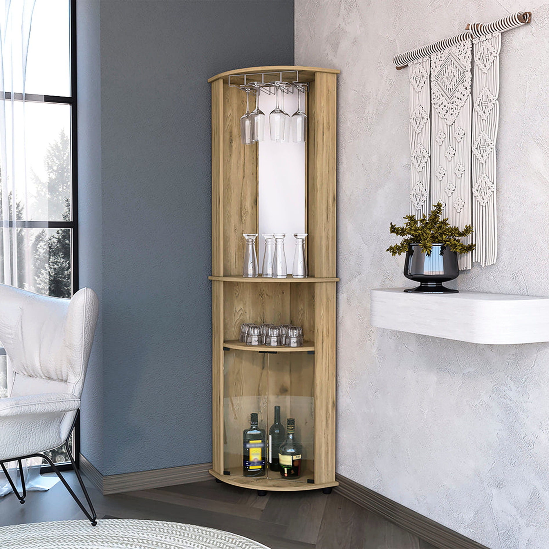 Corner Bar Cabinet with Glass Rack | Display Bottles and Glasses ...