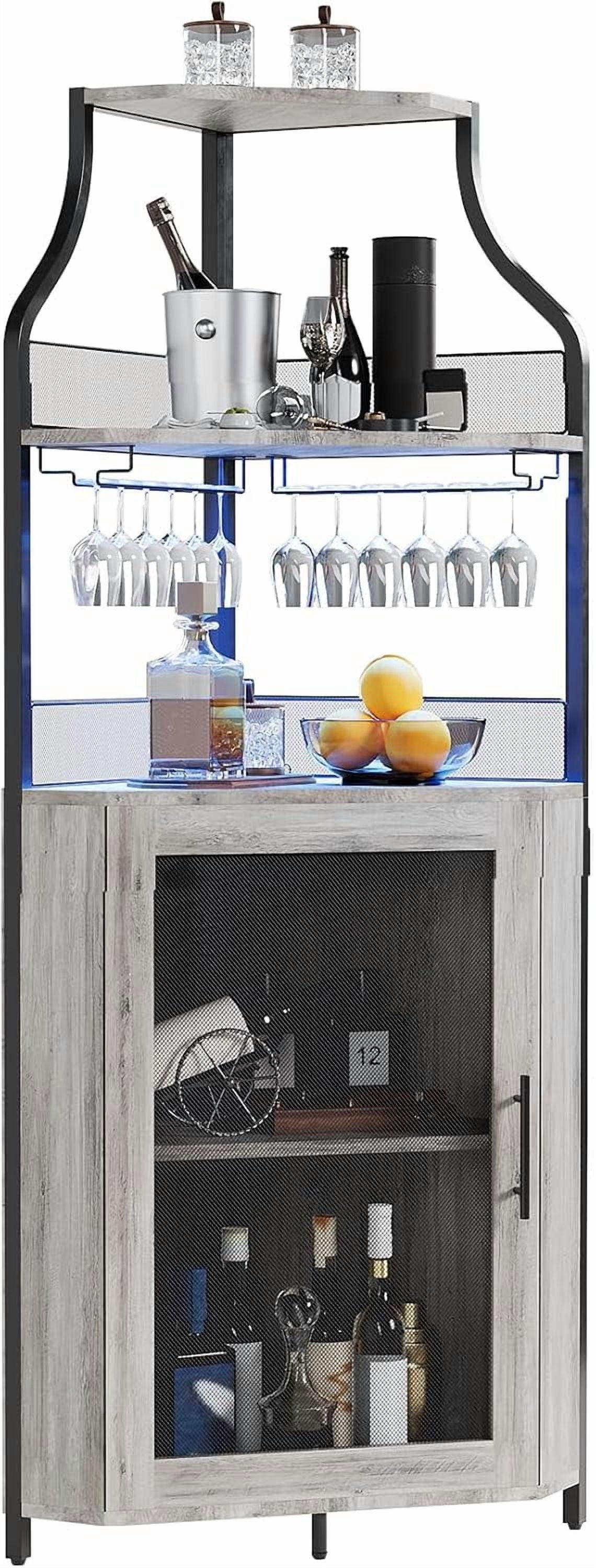Corner Bar Cabinet with LED Light, 61" Liquor Cabinet w/Glass Rack ...