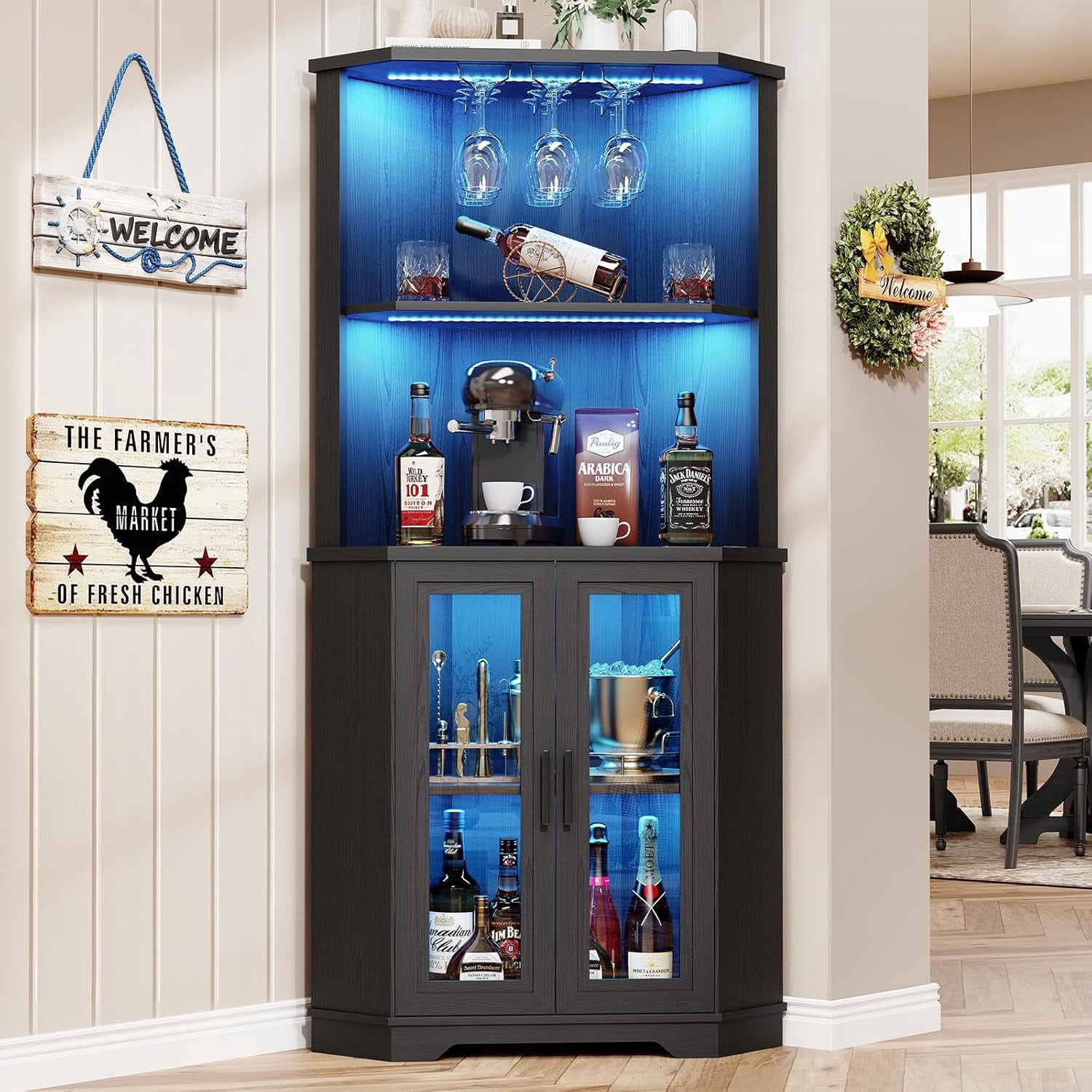 Corner Bar Cabinet with LED Lights, 65" Tall Wine Cabinet Liquor Stand ...