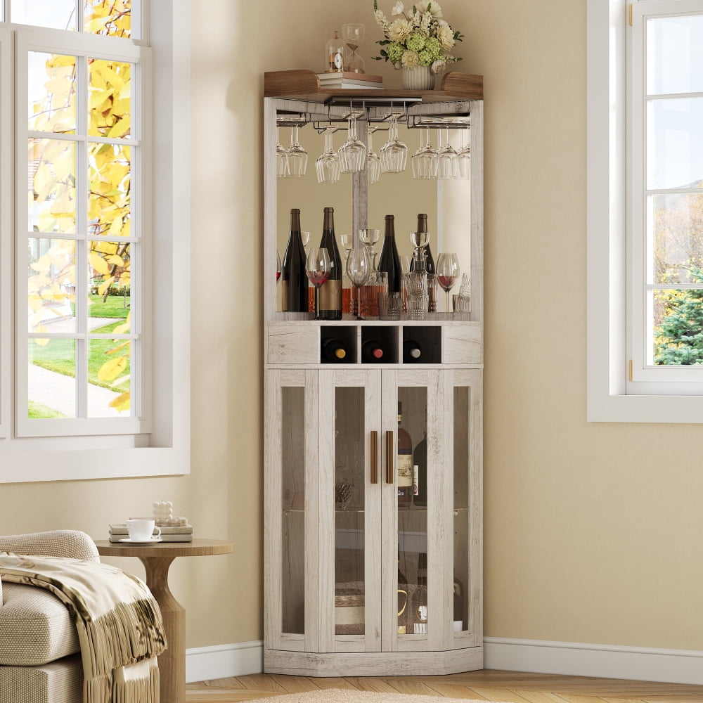 Corner Bar Cabinet with LED Lights and Mirrored Backing, Modern Rustic ...