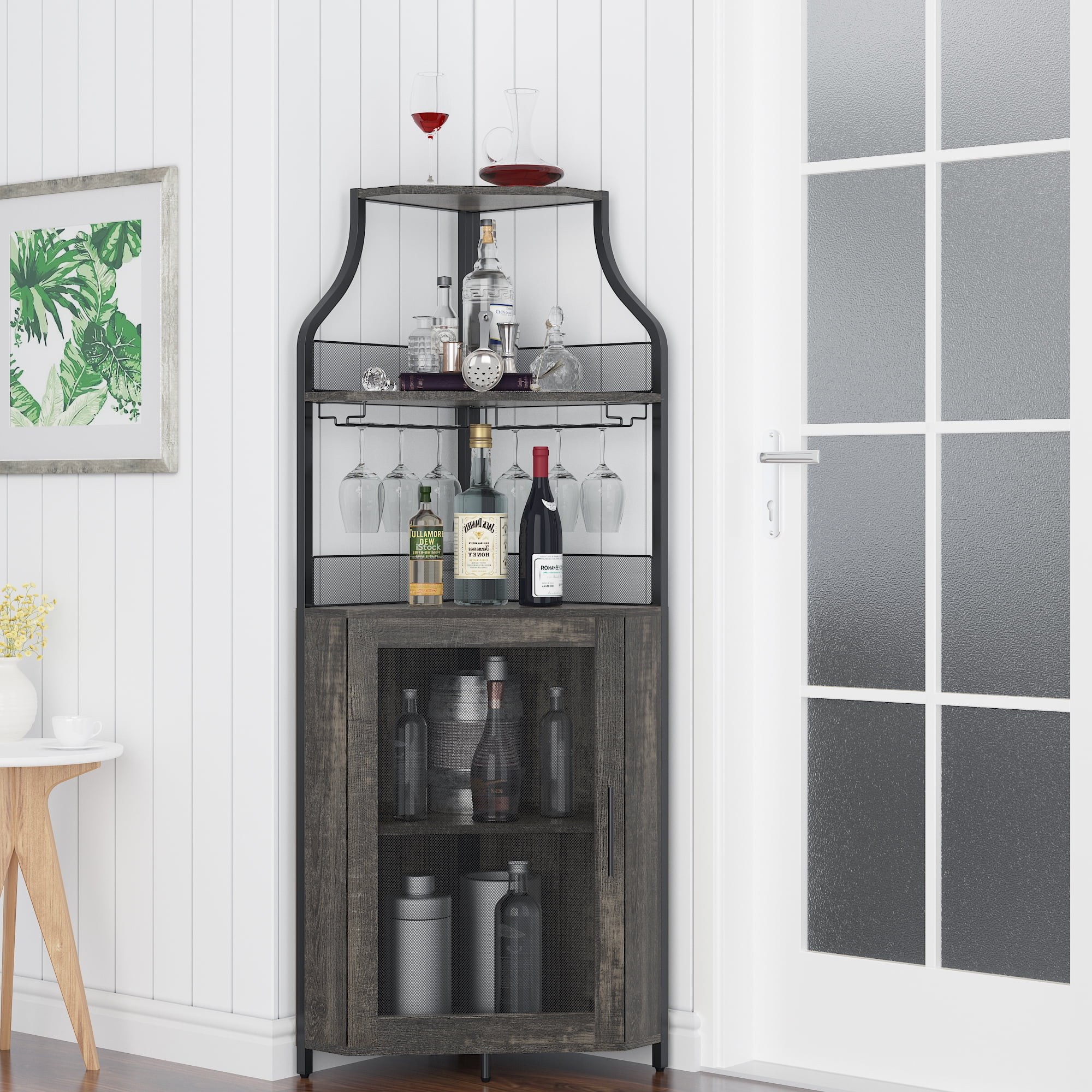 Corner Bar Cabinet for Liquor,Wine Bar Cabinet with Glass Holder ...