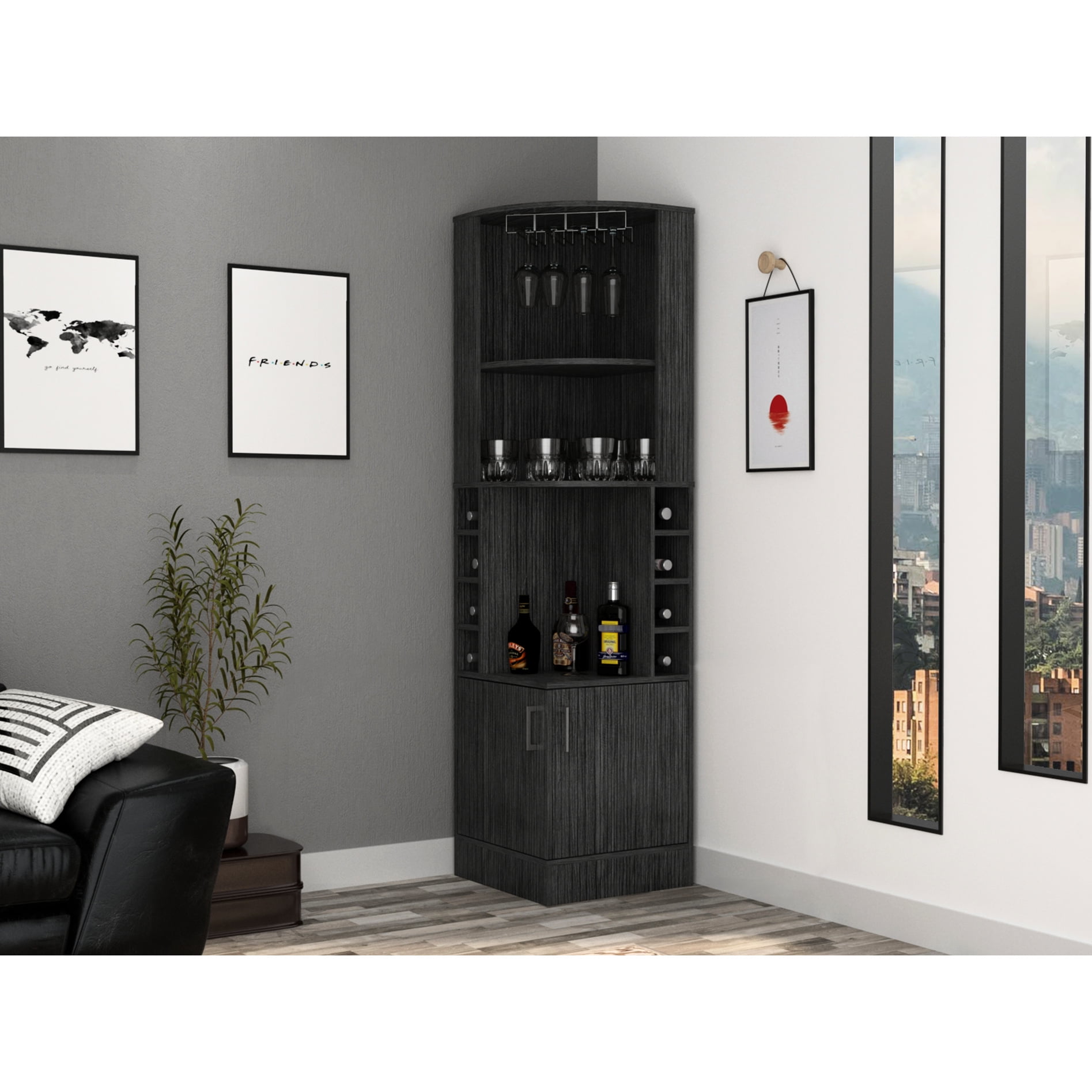 Corner Bar Cabinet - Oak Alignment, 8 Bottle , Double Door, 2 Open ...