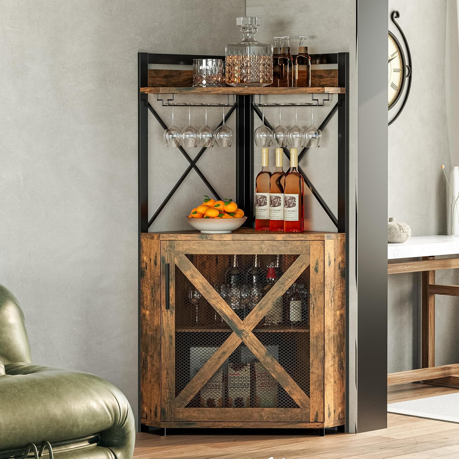 Corner Bar Cabinet with Storage, Wine Cabinet with Glass Holder, Metal ...