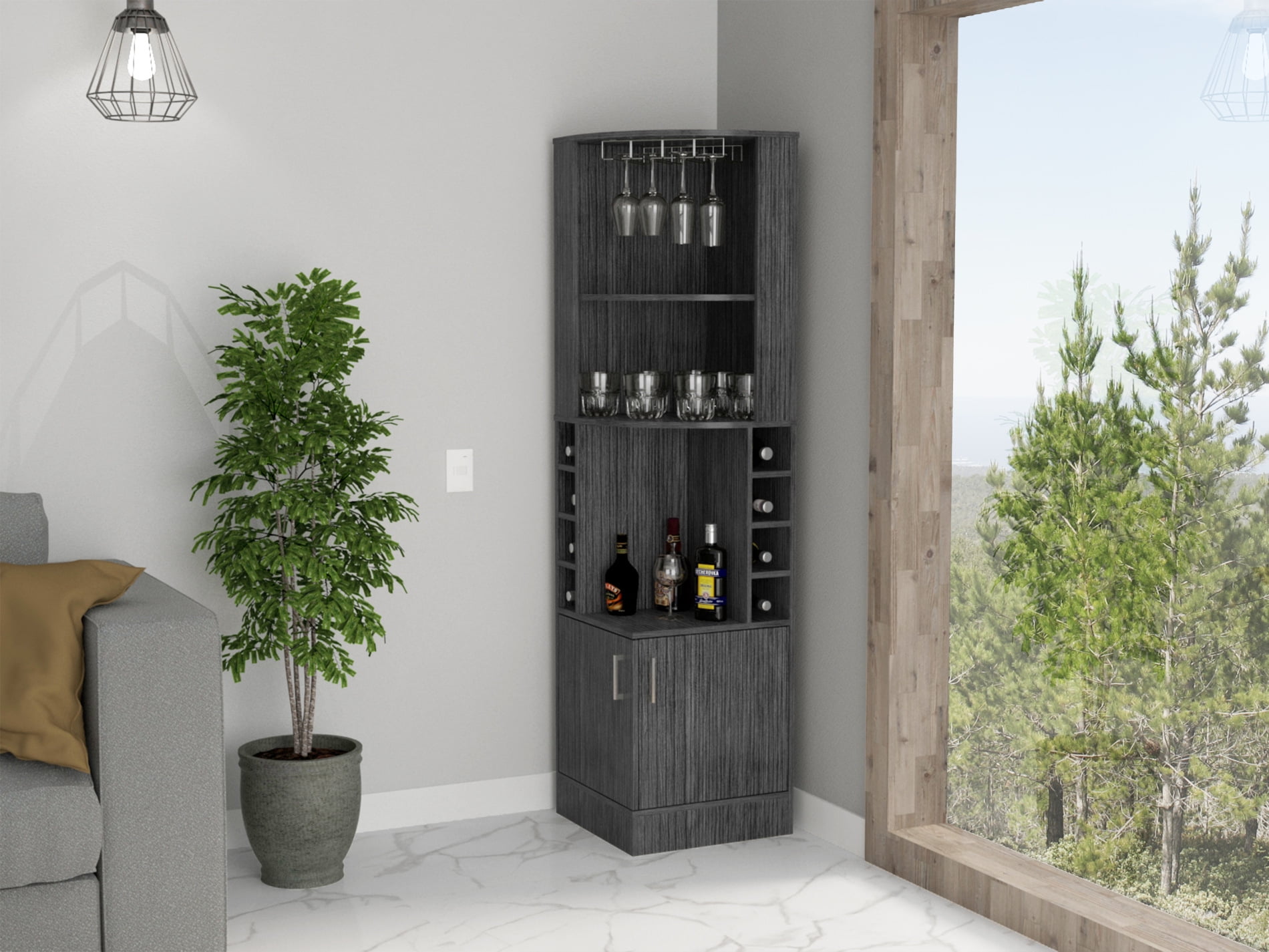 Corner Bar Cabinet with Two-Doors and 12 Wine Glass Rack, Farmhouse ...
