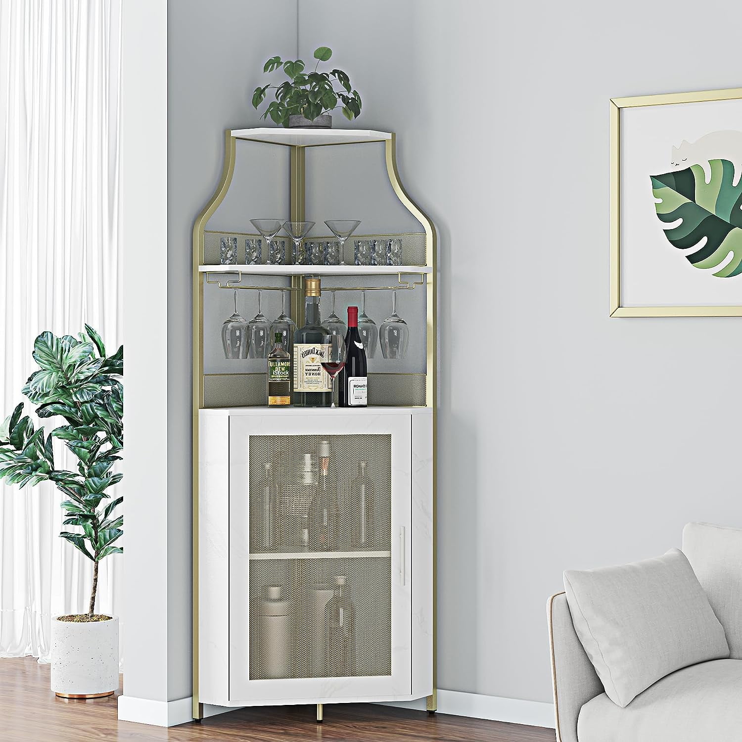 Corner Bar Cabinet, Wine Bar Cabinet with Glass Holder and Large ...
