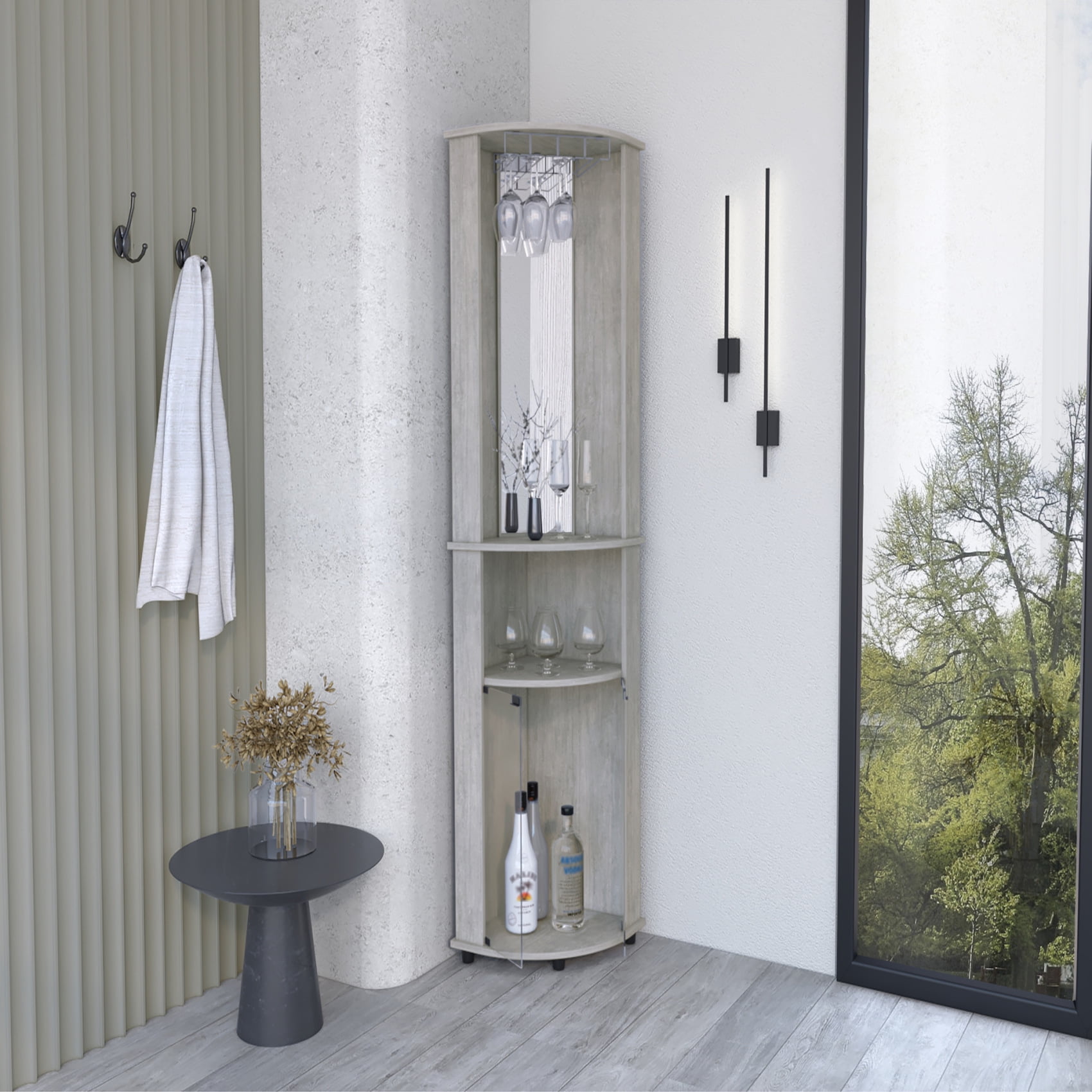 Corner Bar Cabinet with Wine Glass Rack and Lower Cabinet, Modern Pine ...