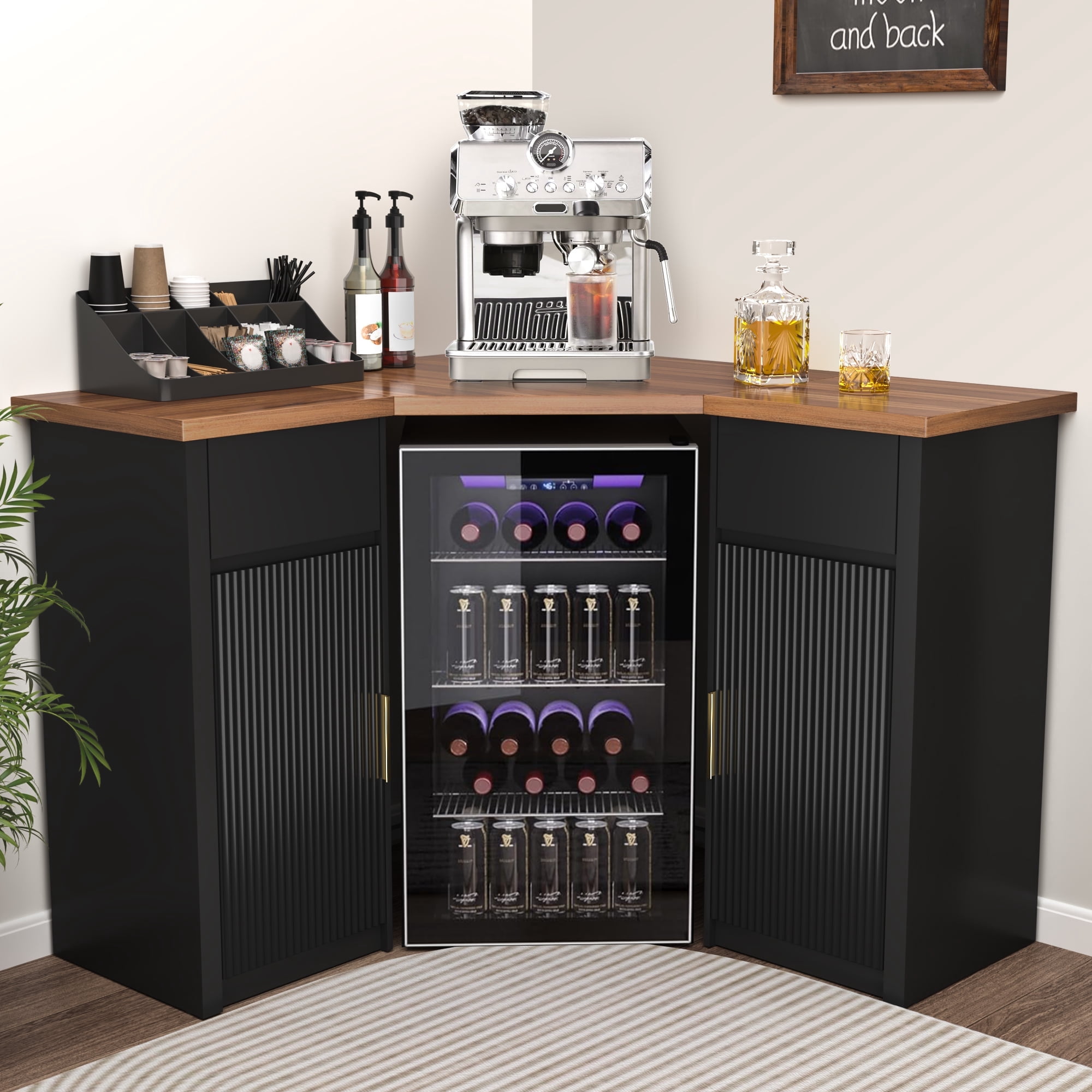 Corner Bar Cabinet with Fridge Space, Corner Coffee Bar Station for ...