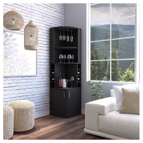 Corner Bar Cabinet with Glass Rack - Black Double Door Wine Cabinet ...