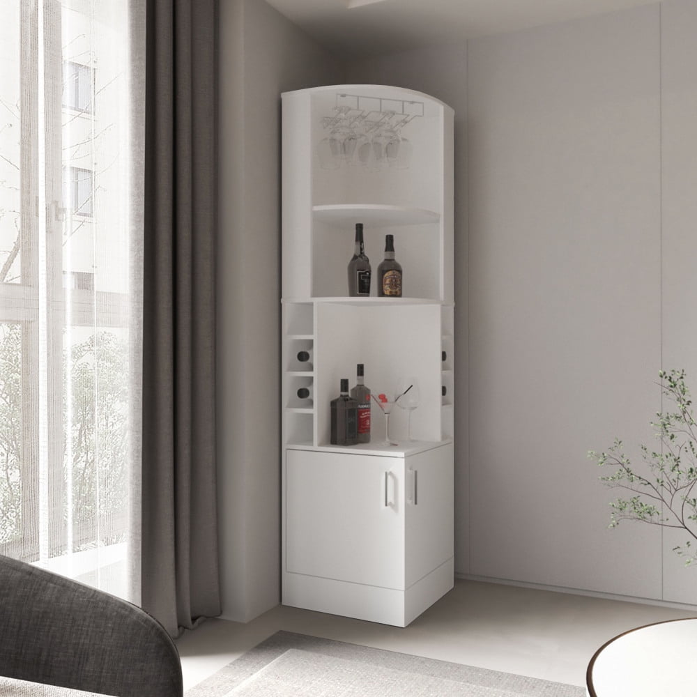 Corner Bar Cabinet with Glass Rack, Double Doors & Built-in Wine Rack ...