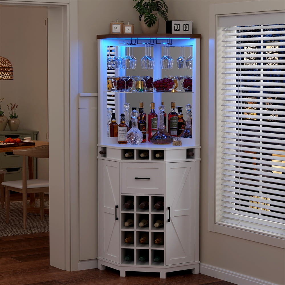 Corner Bar Storage Cabinet, 72" Tall Farmhouse Wine Bar Cabinet w/LED ...